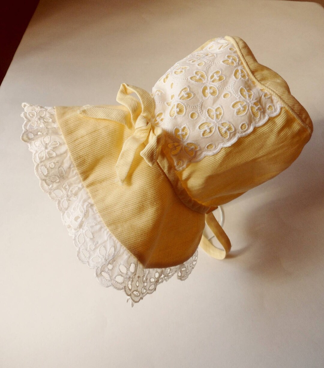 Yellow Baby Bonnet With White Eyelet Lace, Vintage Wide Brim Yellow ...