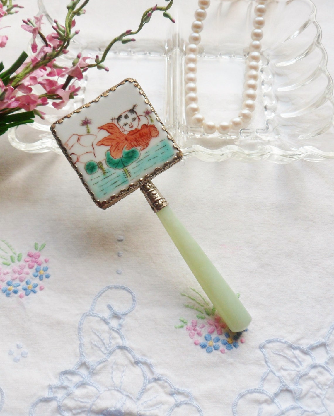 Hand Held Asian Mirror With Jade Handle Hand Painted | Etsy