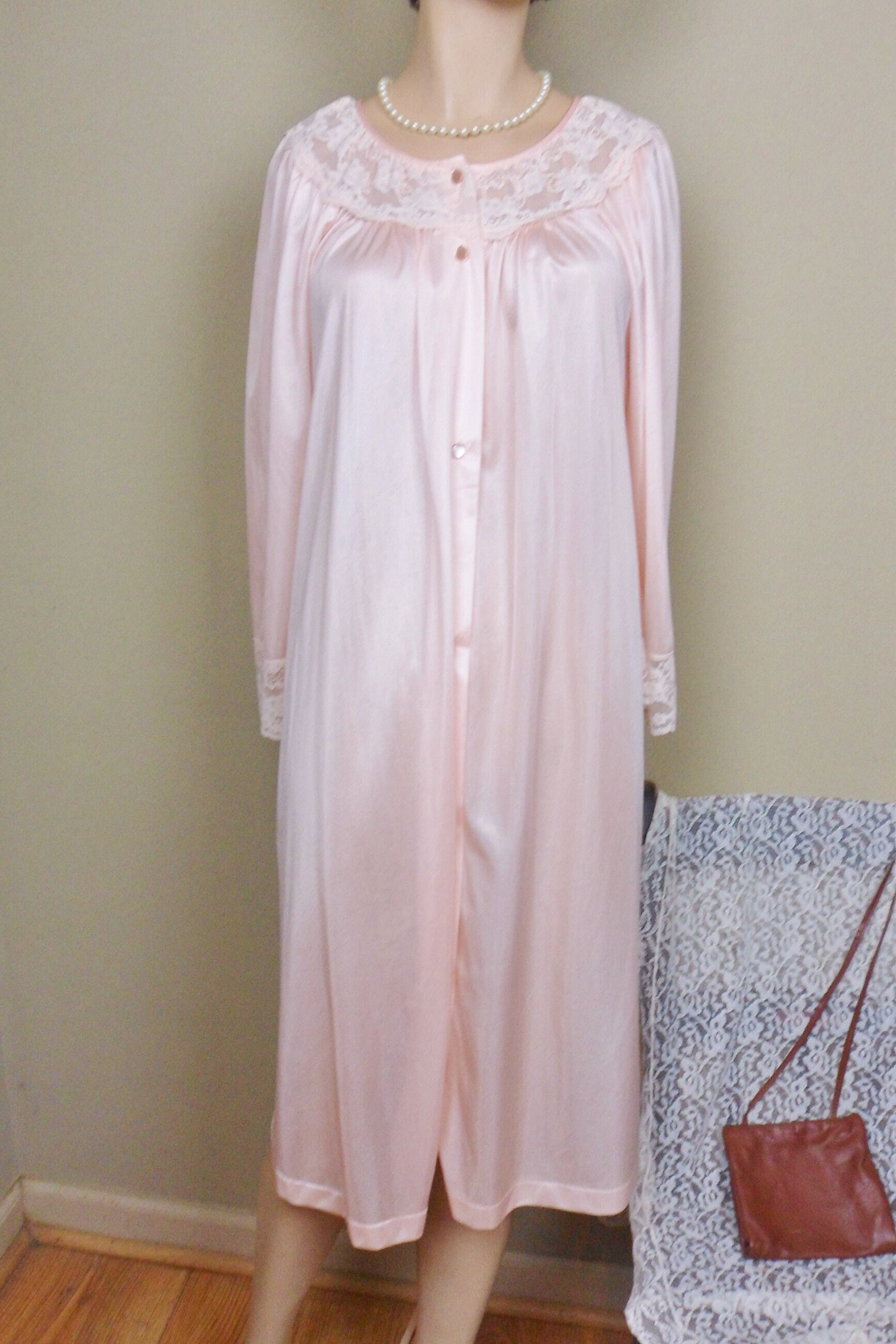 Gilead Pink Nylon Robe, Lacy Sheer Button Down Housecoat, Size S ...