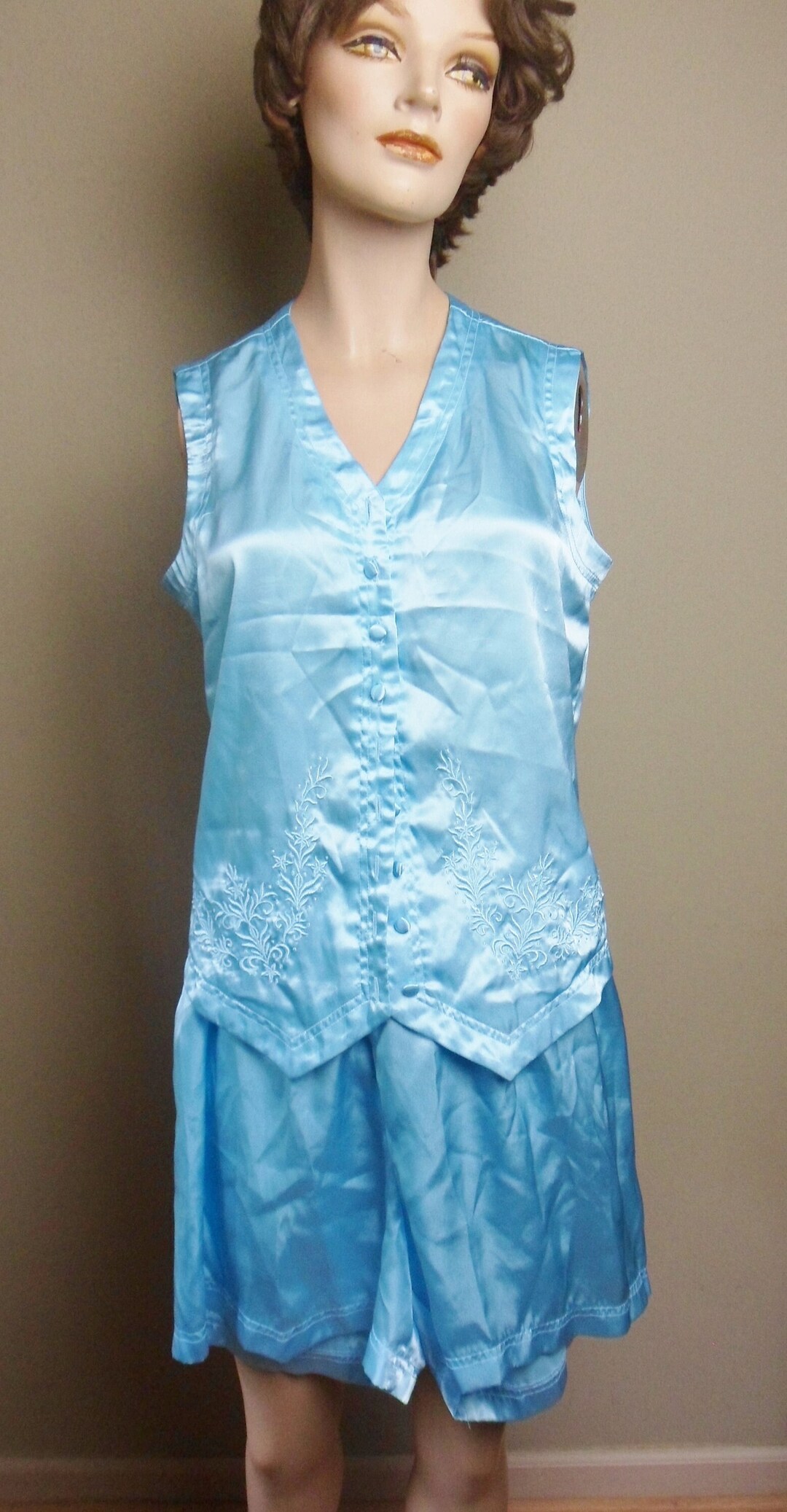 Delicates Light Blue Satin Pajama Set, Two Piece Sleeveless Top and ...