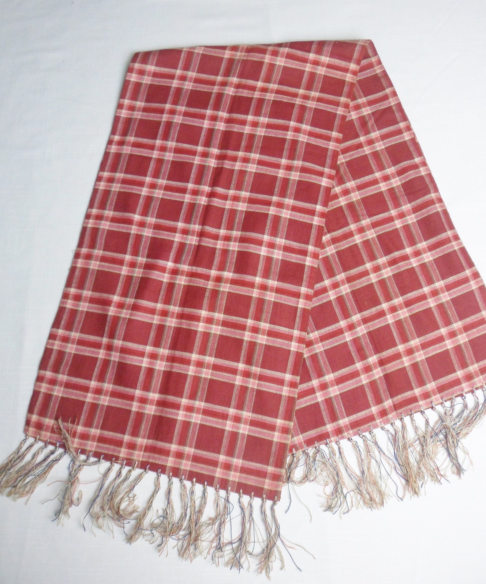 Red Plaid Neck Scarf, Handmade Scarf With Hand Knotted Fringe, Long ...