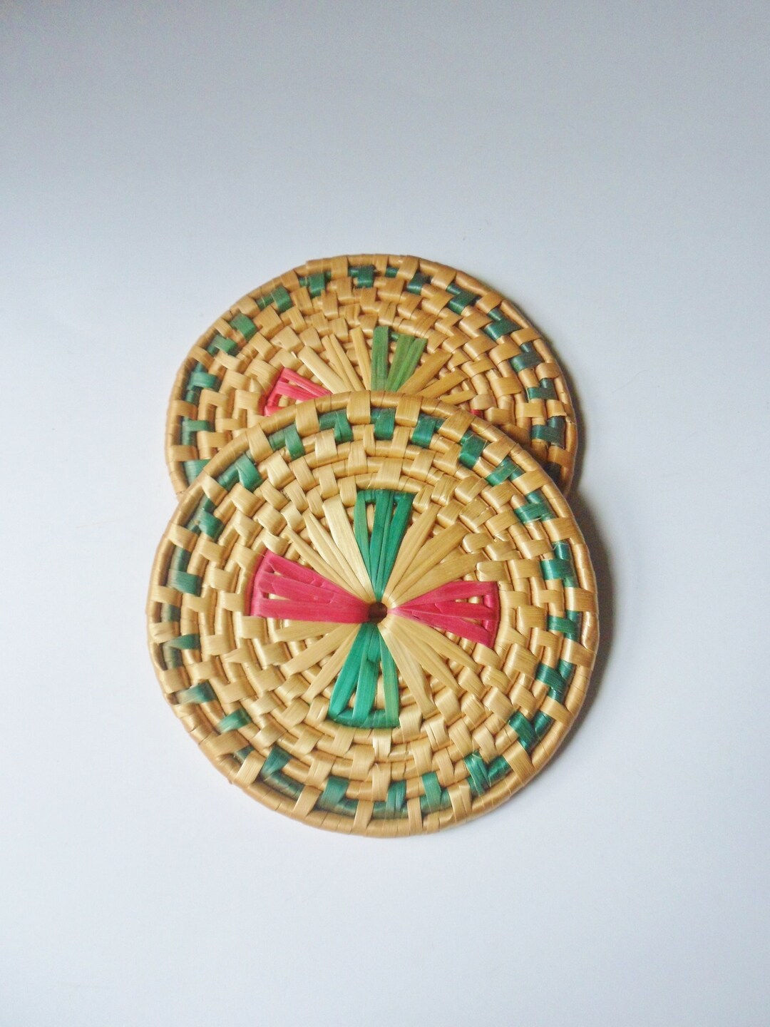 Two Wicker Trivets, Vintage Boho Wicker Art, Pair of Multi Colored ...