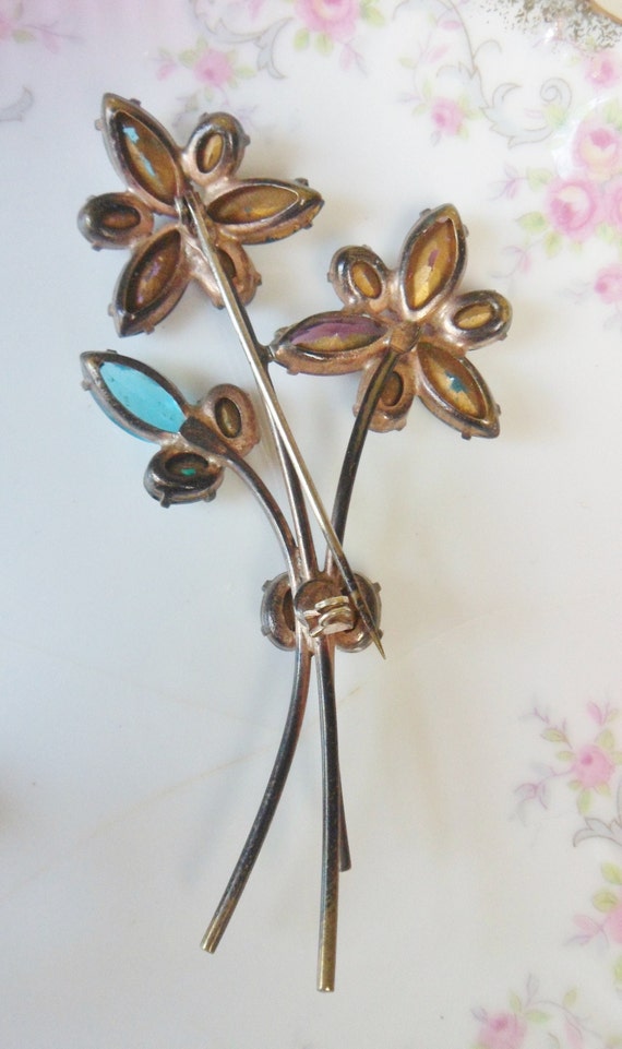 Three Flower Rhinestone Pin, Multi Colored Rhinestone… - Gem