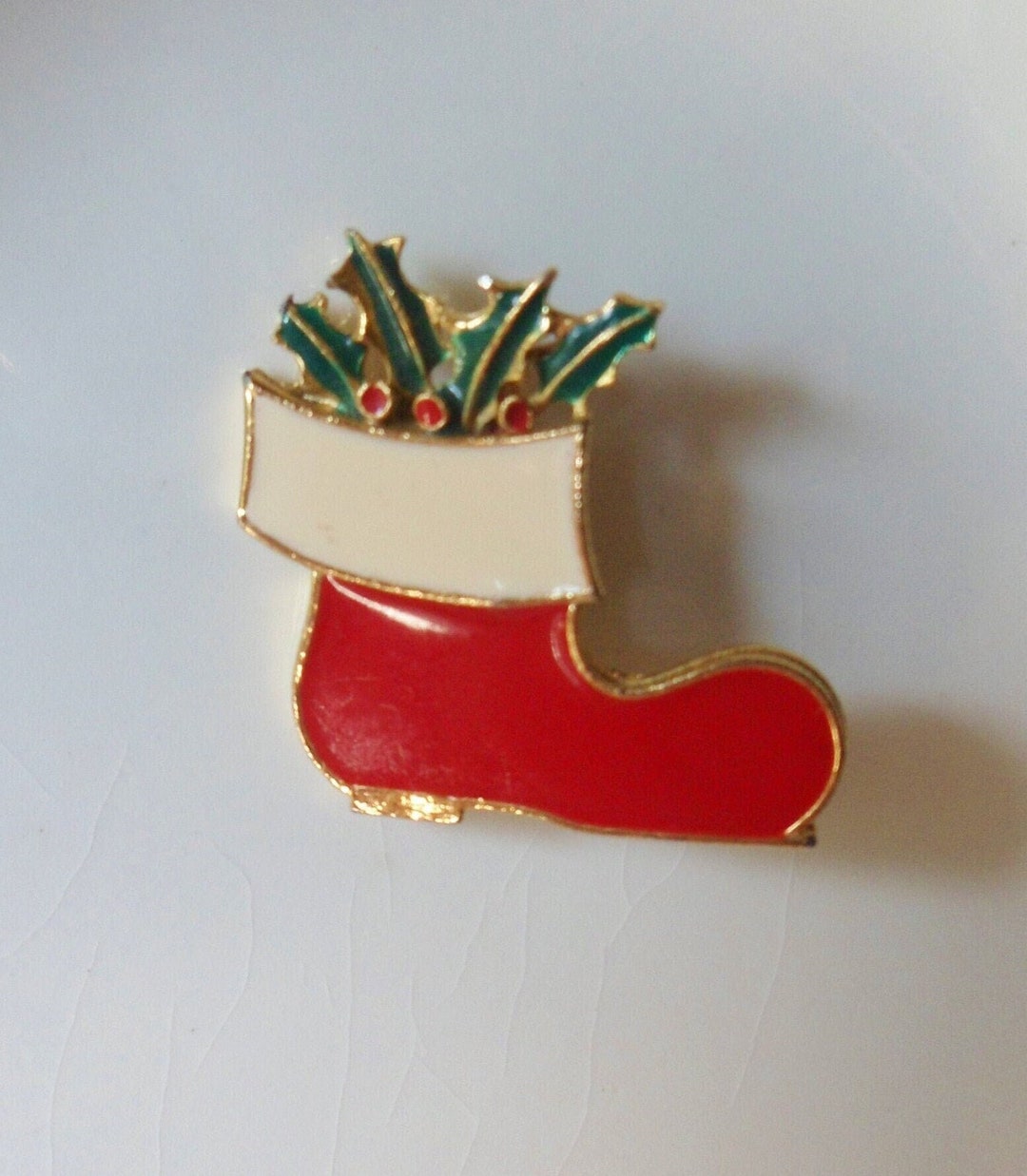 Santa Boot Full of Holly Pin, Enameled Metal Christmas Brooch, Vintage ...