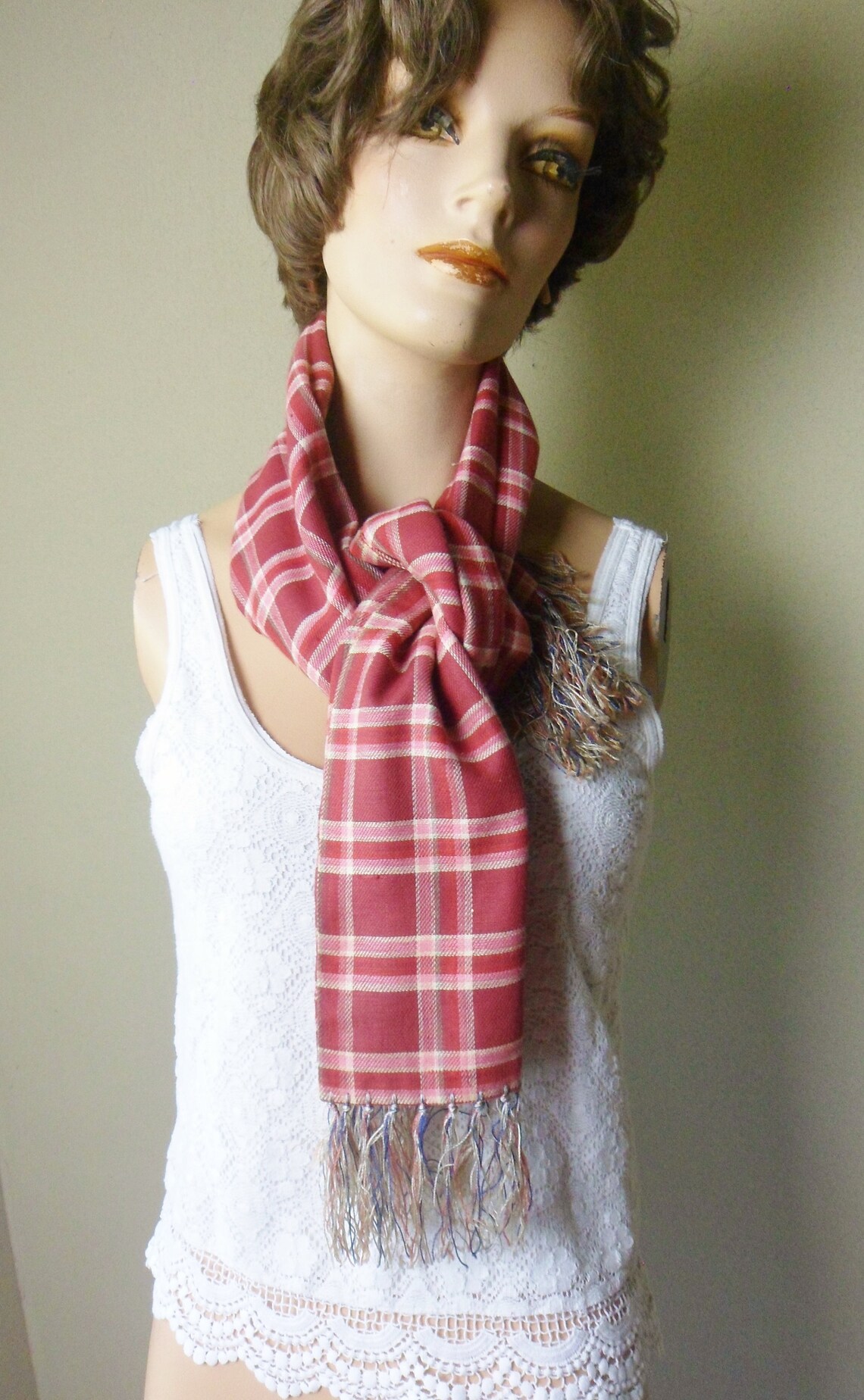 Red Plaid Neck Scarf Handmade Scarf With Hand Knotted Fringe - Etsy