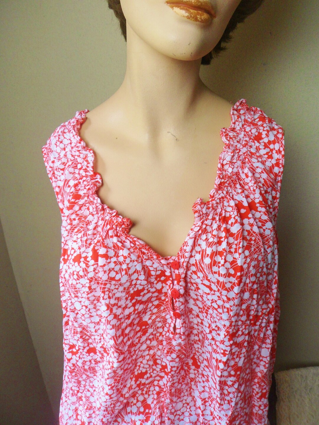 A N A Red and White Botanical Blouse, Vintage Sleeveless Rayon Top ...