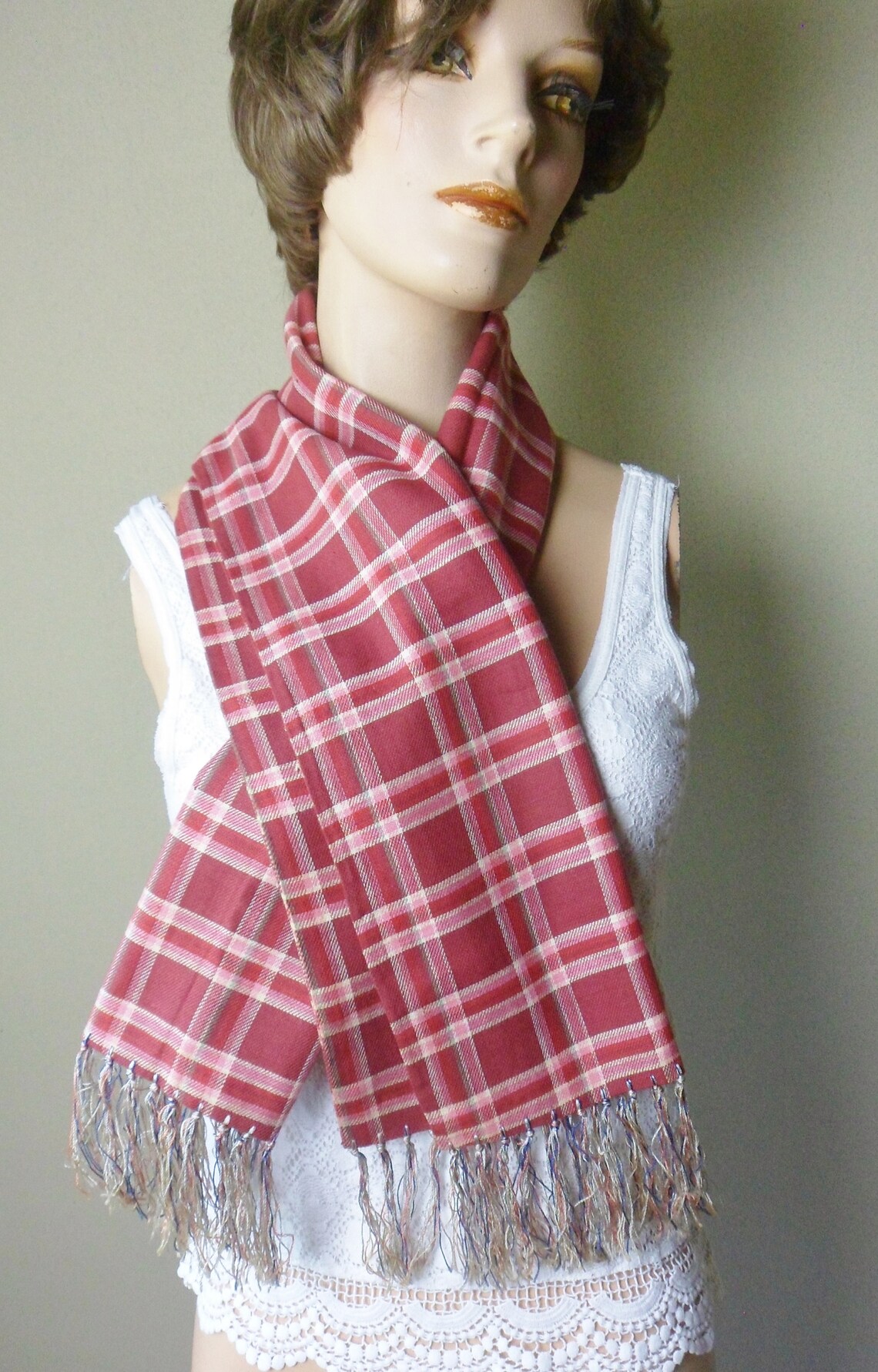 Red Plaid Neck Scarf Handmade Scarf With Hand Knotted Fringe - Etsy