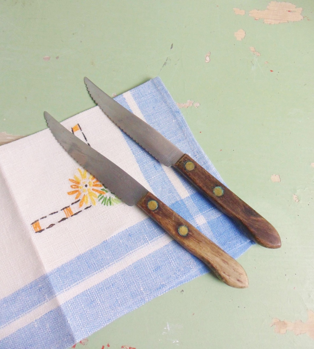 Utica Super Edge Steak Knives, Two Wooden Handle Table Knives, Vintage ...