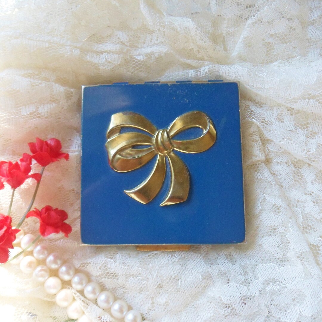 Blue Art Deco Compact With Gold Bow, Square Enameled Metal Powder ...
