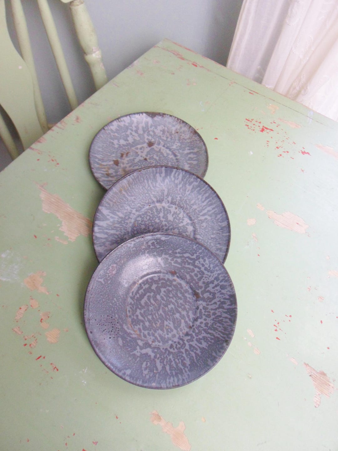 Three Graniteware Saucers, Mottled and Speckled Gray Cup Saucers ...