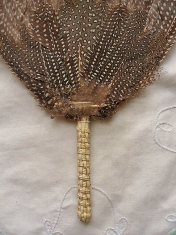 Handmade Guinea Hen Feather Hand Fan, Vintage Real Fe… - Gem