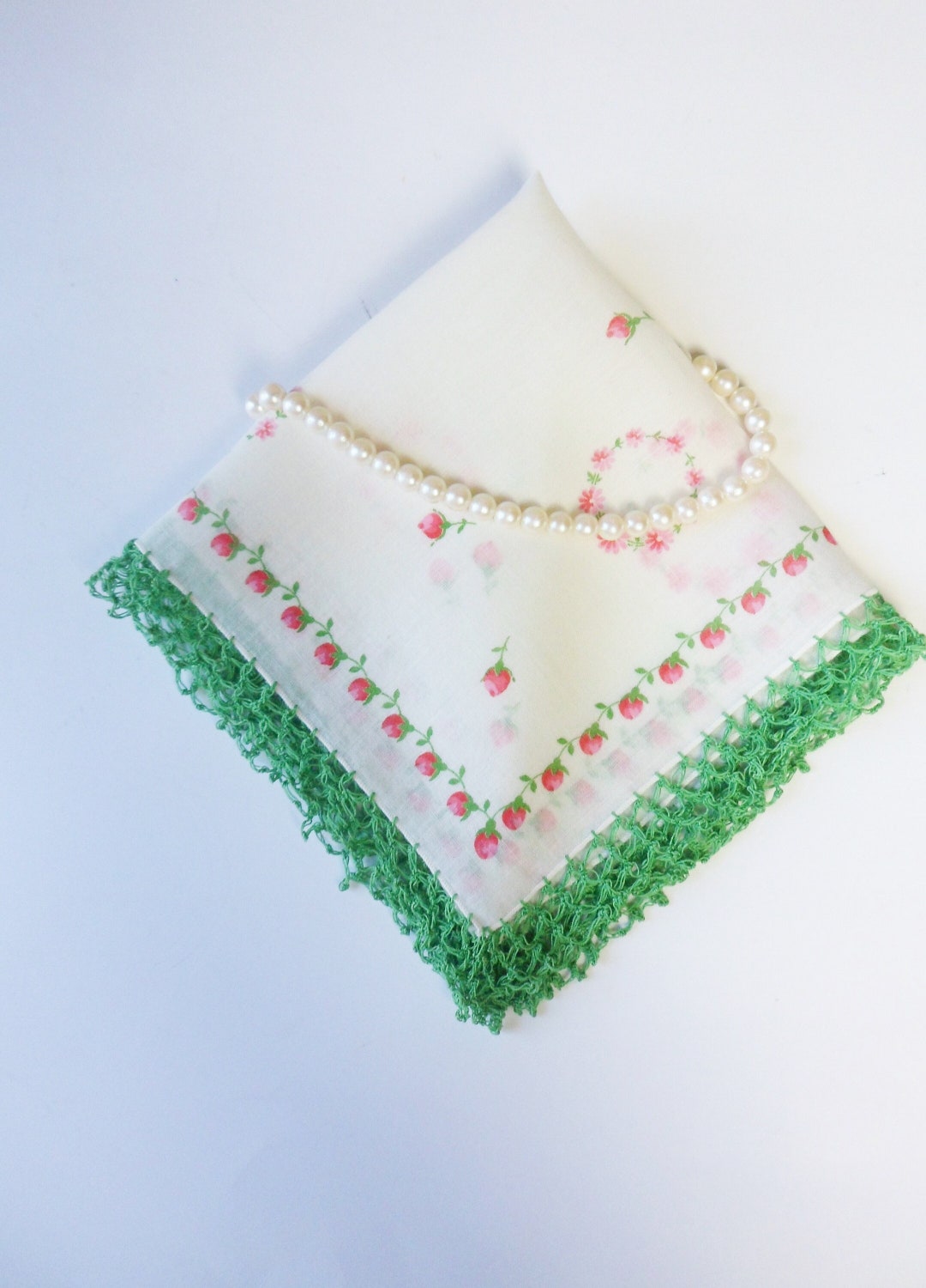 White Hanky With Pink Rose Buds and Trimmed With Green Hand Crocheted ...
