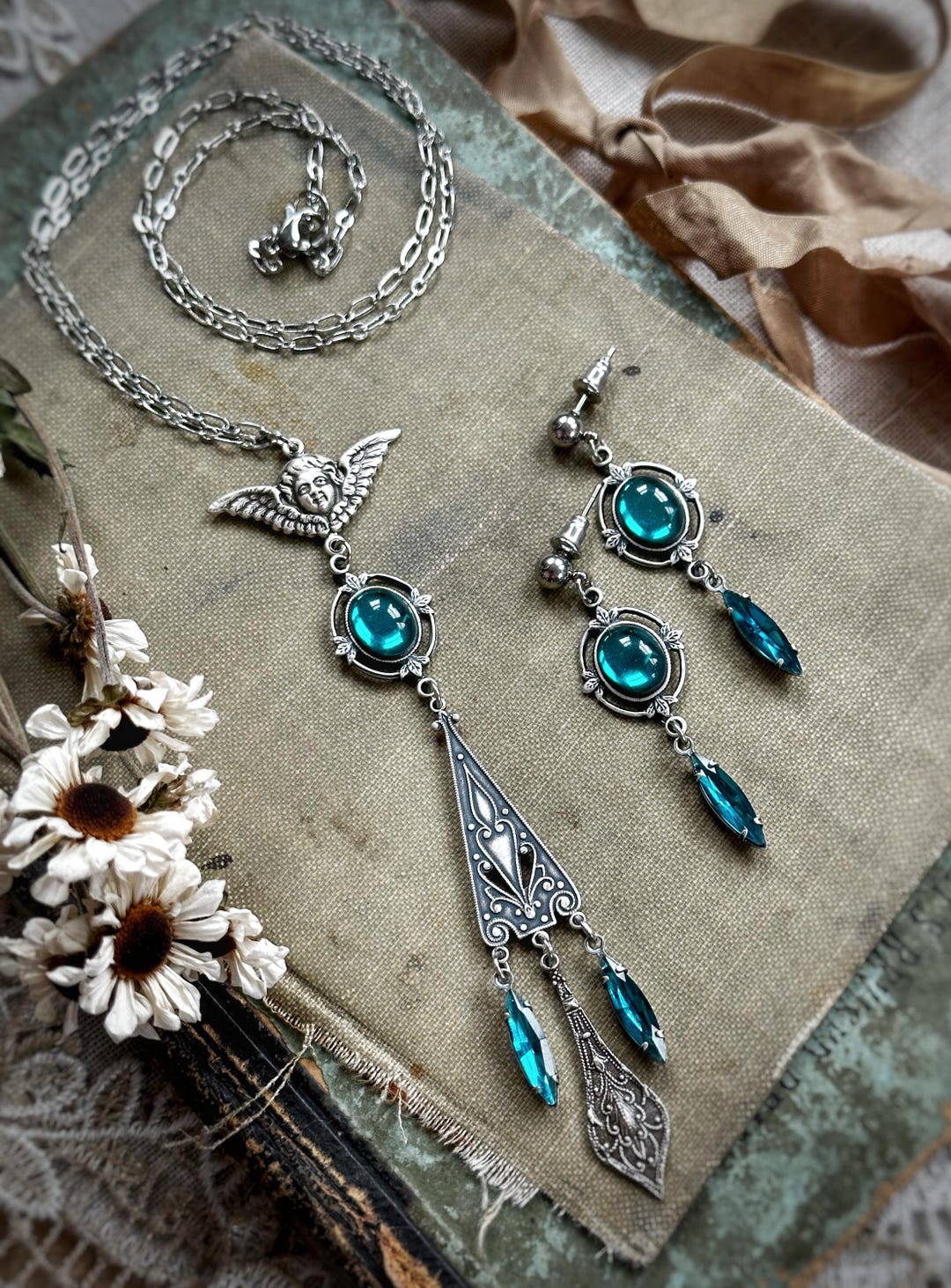 Teal Angel - Elegant Baroque Victorian Style Cherub Angel Necklace and ...