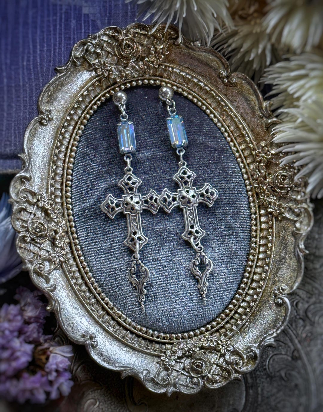 Glory - Gothic Victorian Style Cross Earrings With Light Sapphire AB ...