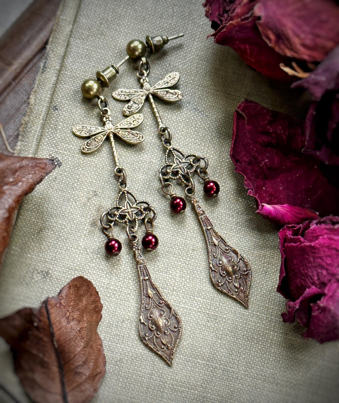 Dragonflies in the Roses - Victorian Style Deep Red Pearl Earrings With ...