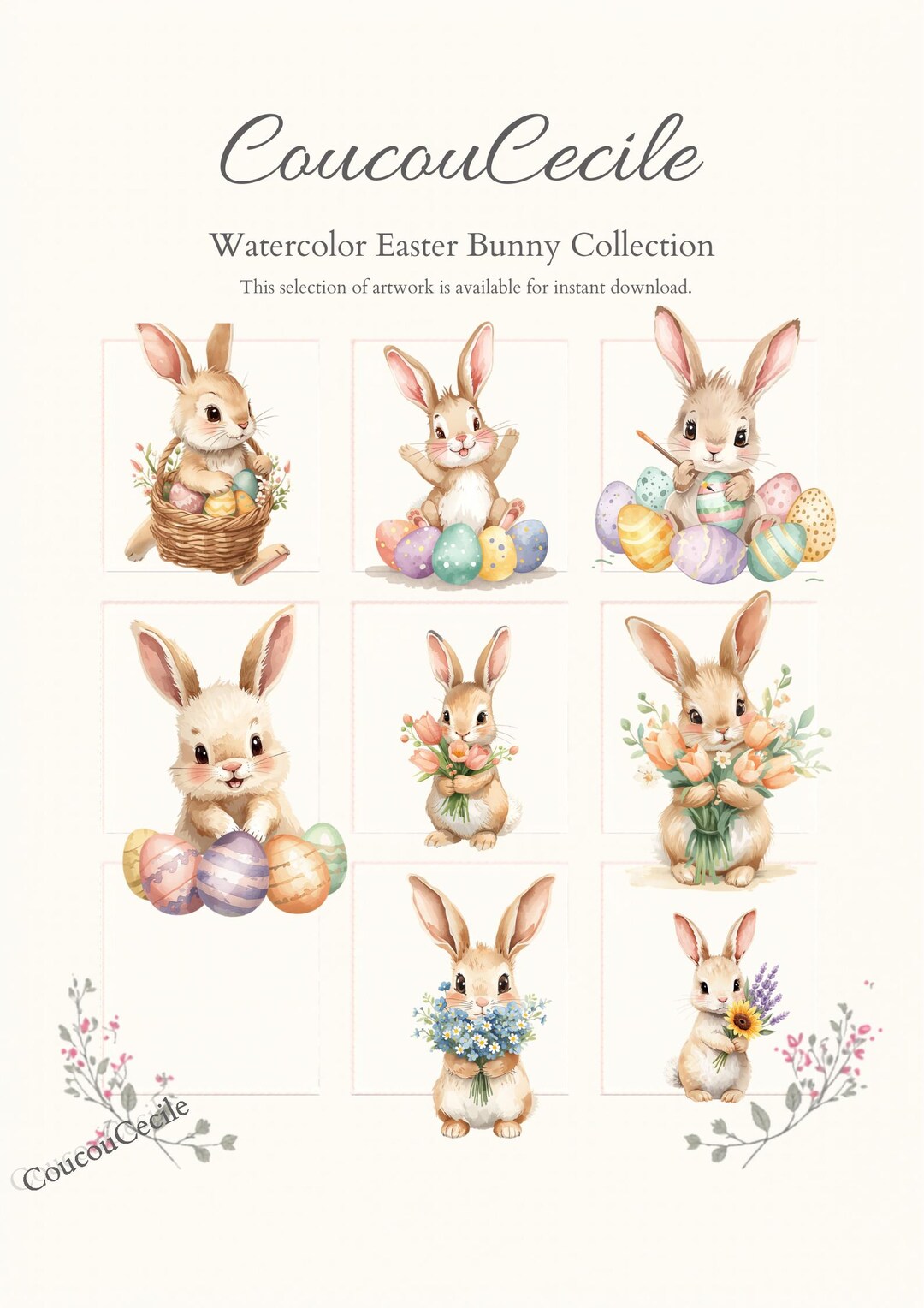 Watercolor Easter Bunny Clipart Set | 8 PNG Files | Easter Card DIY ...