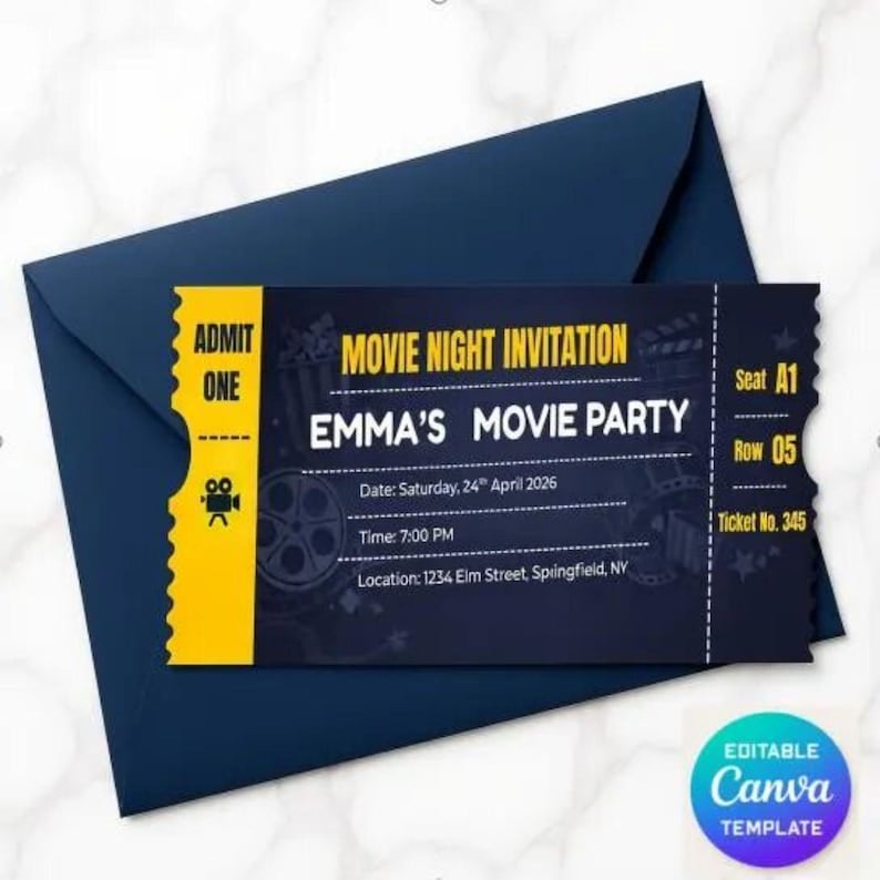 Movie Ticket Invitation Editable Canva Template, Movie Birthday Invite ...