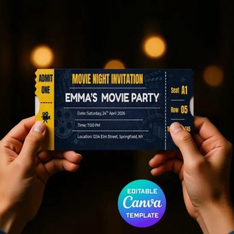 Movie Ticket Invitation Editable Canva Template, Movie Birthday Invite ...