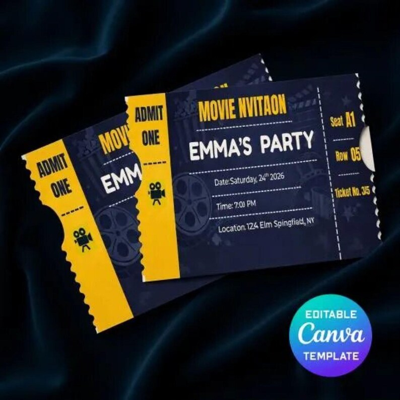 Movie Ticket Invitation Editable Canva Template, Movie Birthday Invite ...