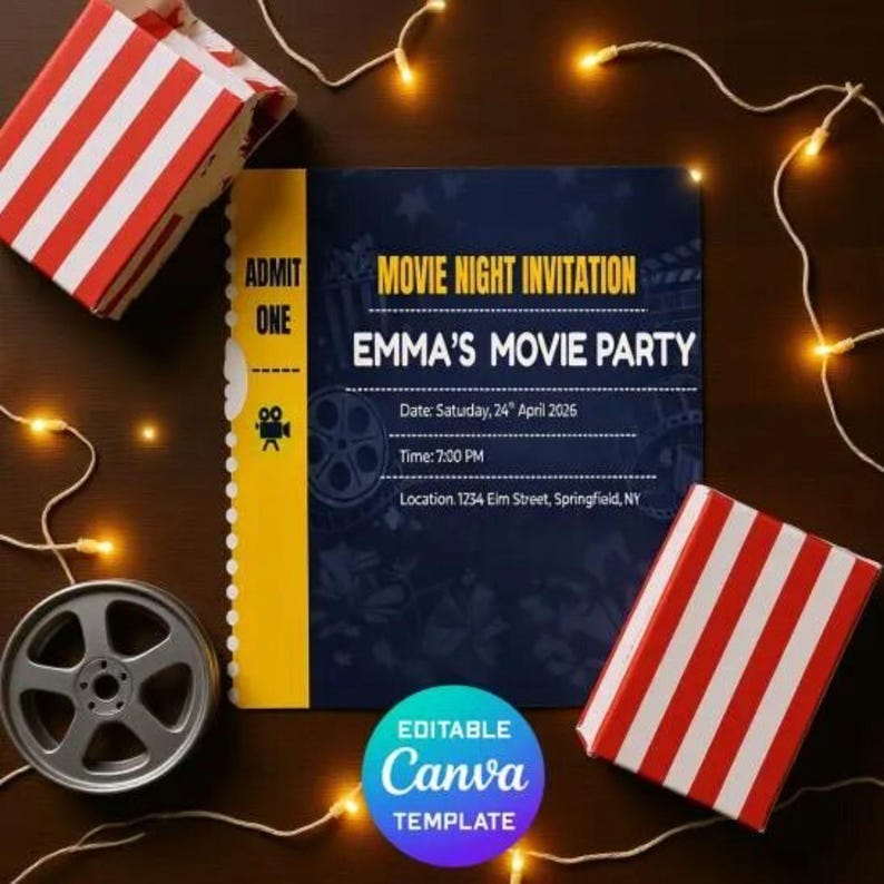 Movie Ticket Invitation Editable Canva Template, Movie Birthday Invite ...