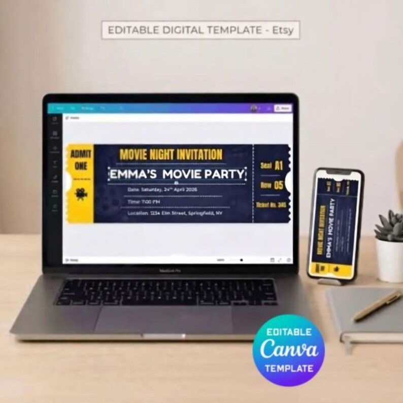 Movie Ticket Invitation Editable Canva Template, Movie Birthday Invite ...
