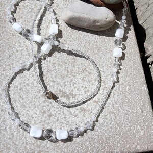 Long Milky White & Clear Translucent Glass Bead Necklace With Clear ...
