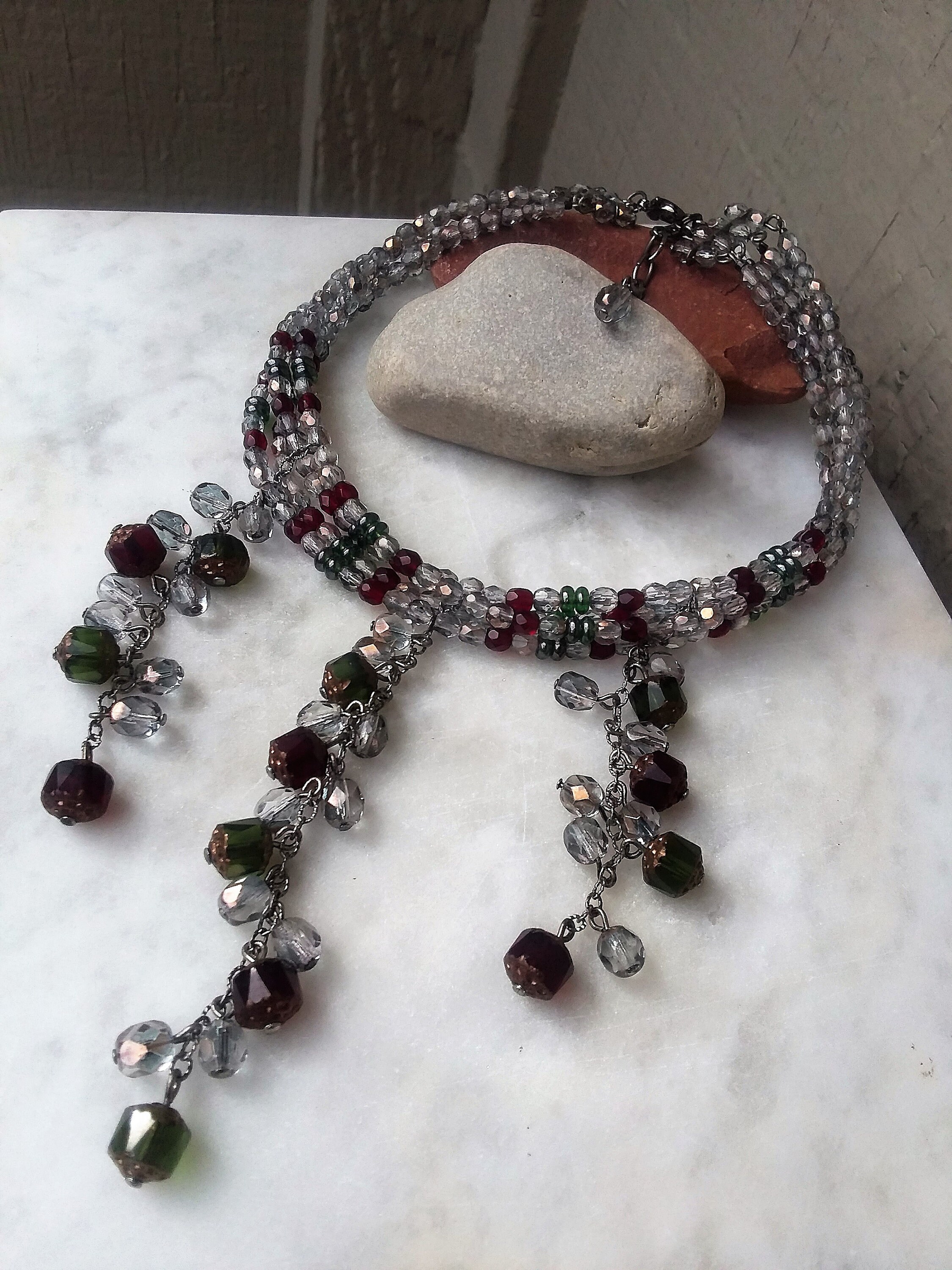 Smoky Gray Olive Green Ruby Red Glass Crystal Beaded Choker - Etsy