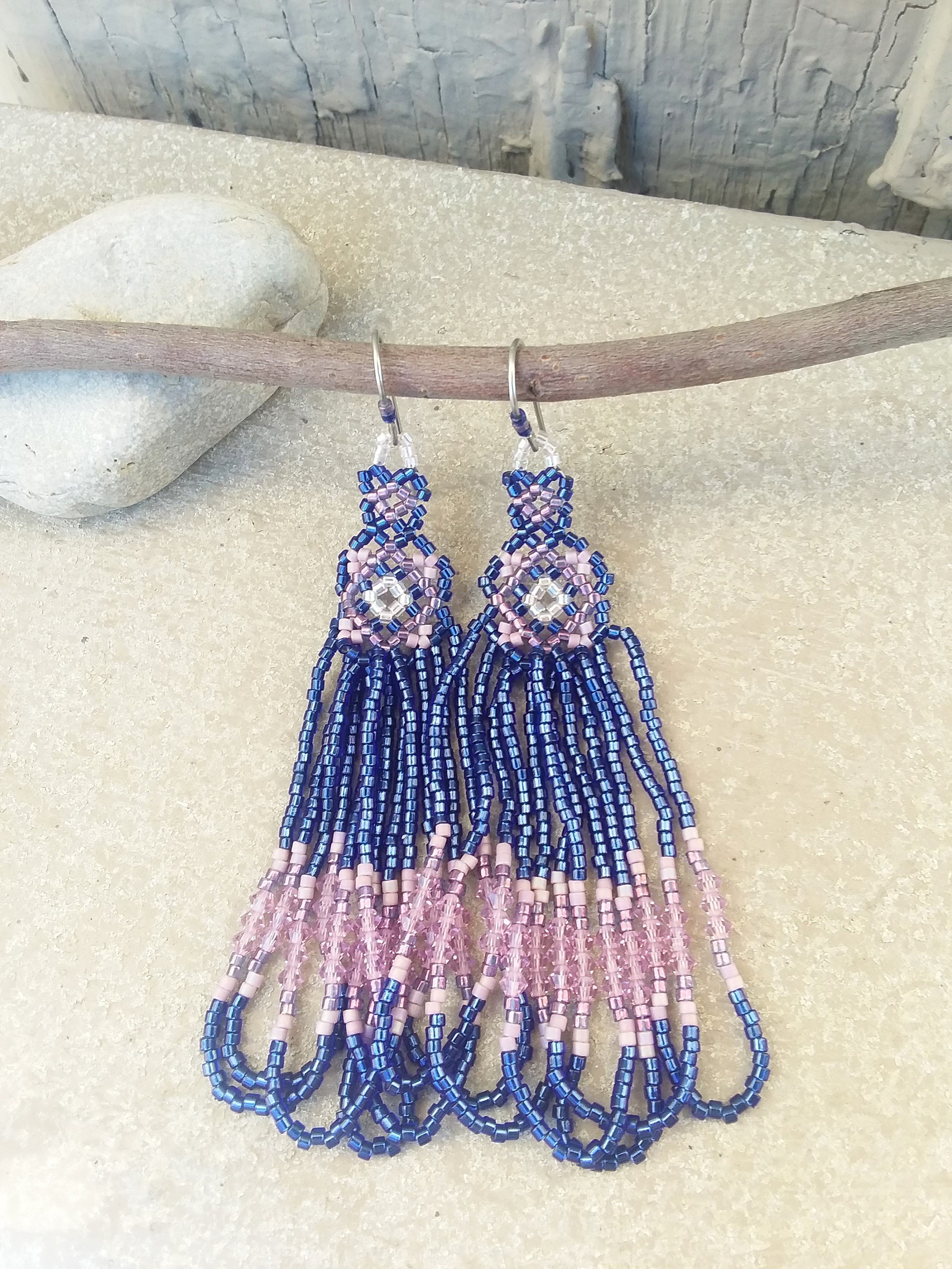Long Cobalt Navy Blue & Light Amethyst Purple Crystal Beaded Earrings ...