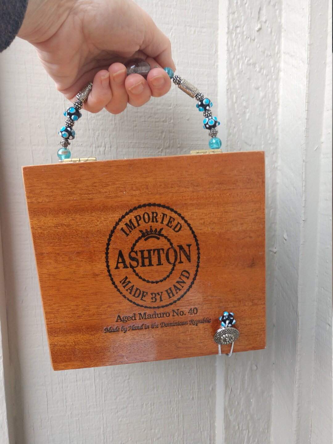Vintage Wood Cigar Box Handbag Purse Aqua Blue & Silver Beaded Handle ...