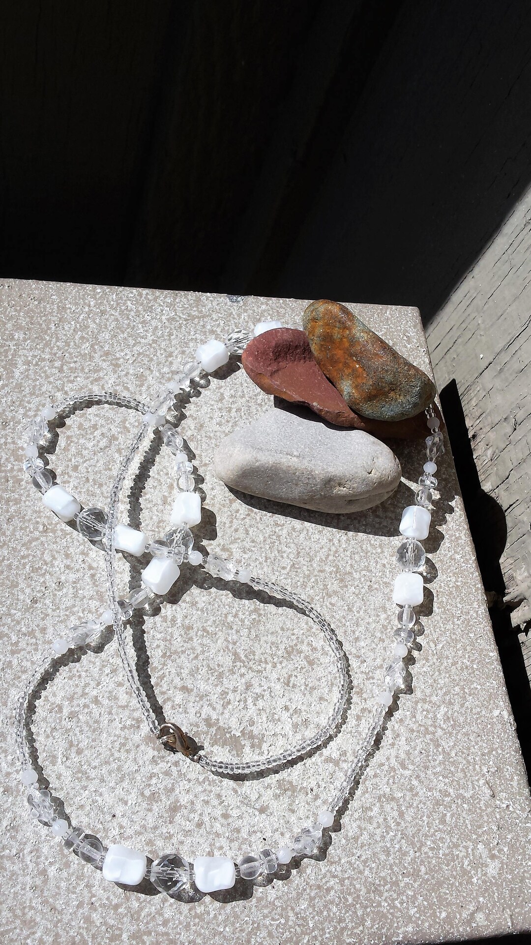 Long Milky White & Clear Translucent Glass Bead Necklace With Clear ...