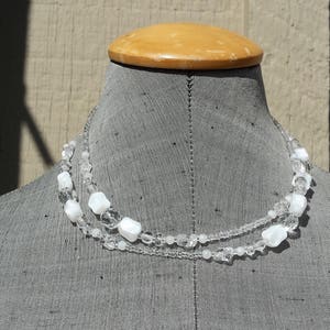 Long Milky White & Clear Translucent Glass Bead Necklace With Clear ...