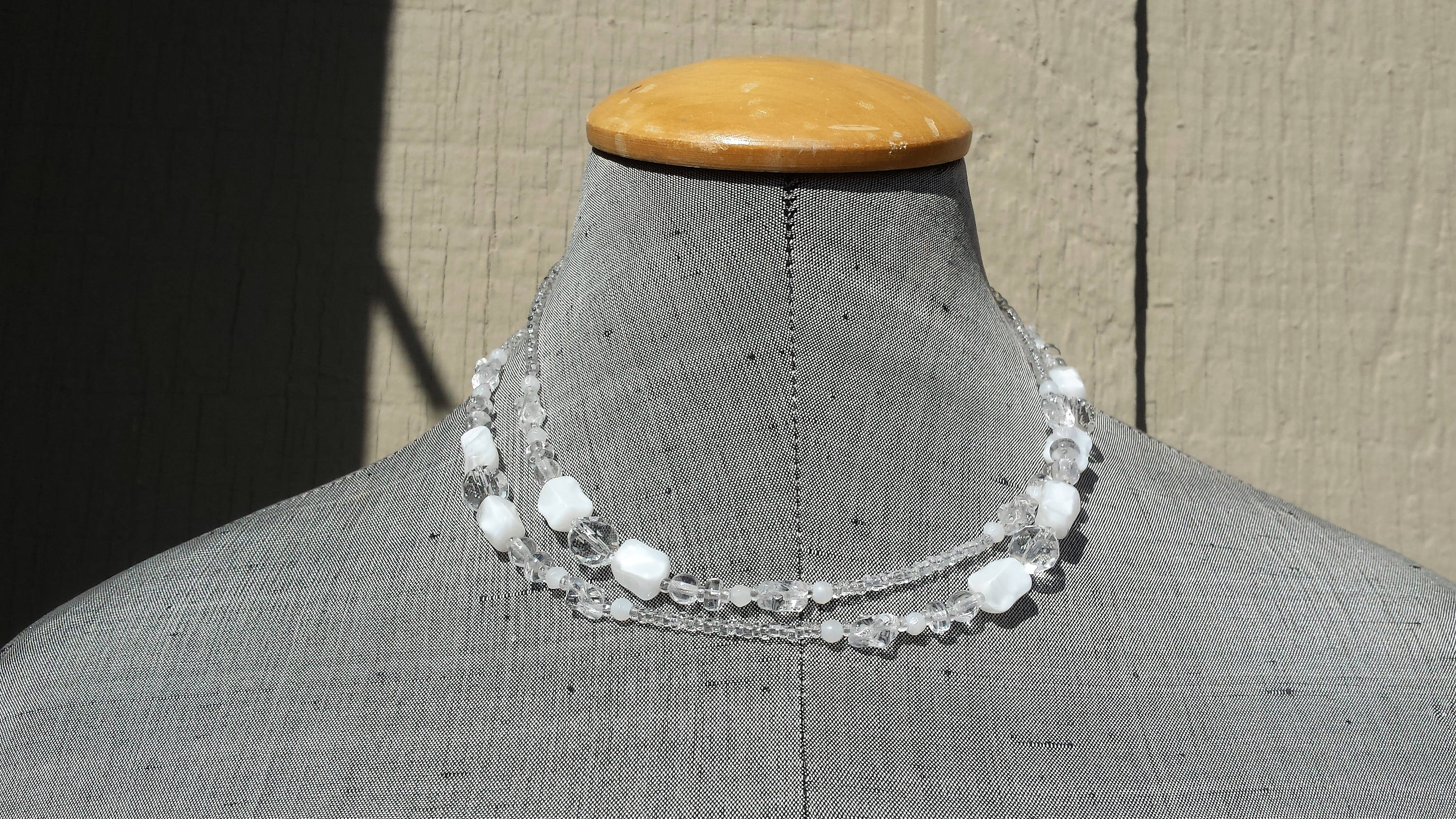 Long Milky White & Clear Translucent Glass Bead Necklace With - Etsy