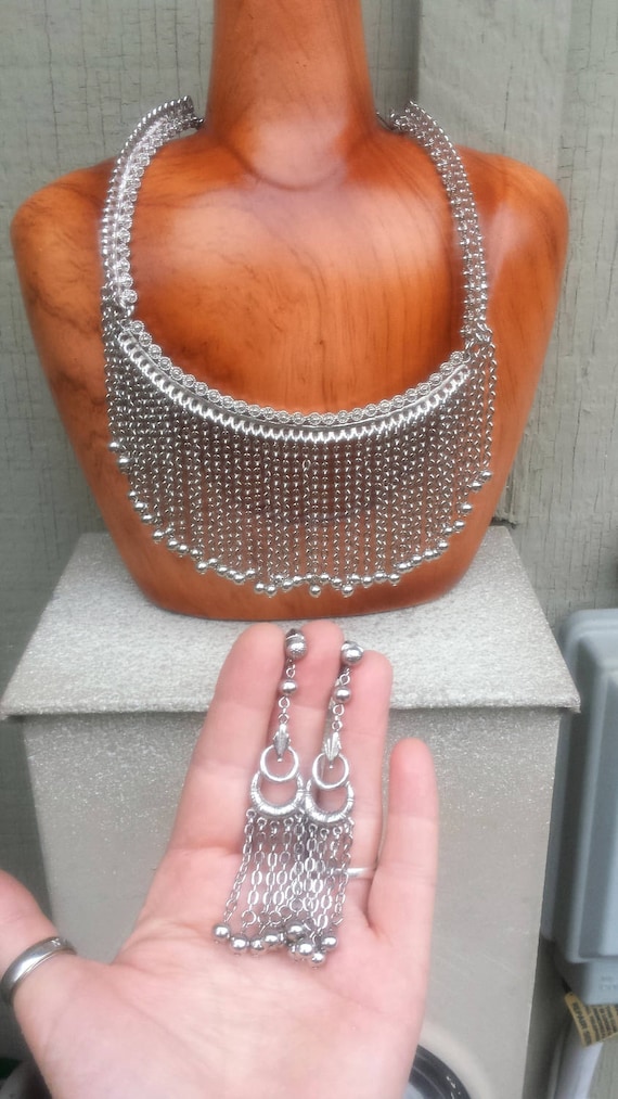 1960s Silver Tone Metal Bead Chain Fringe Statement C… - Gem