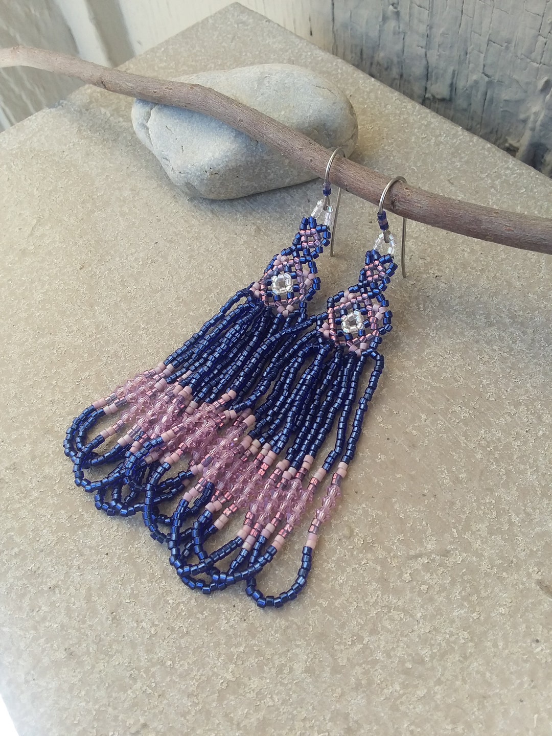 Long Cobalt Navy Blue & Light Amethyst Purple Crystal Beaded Earrings ...