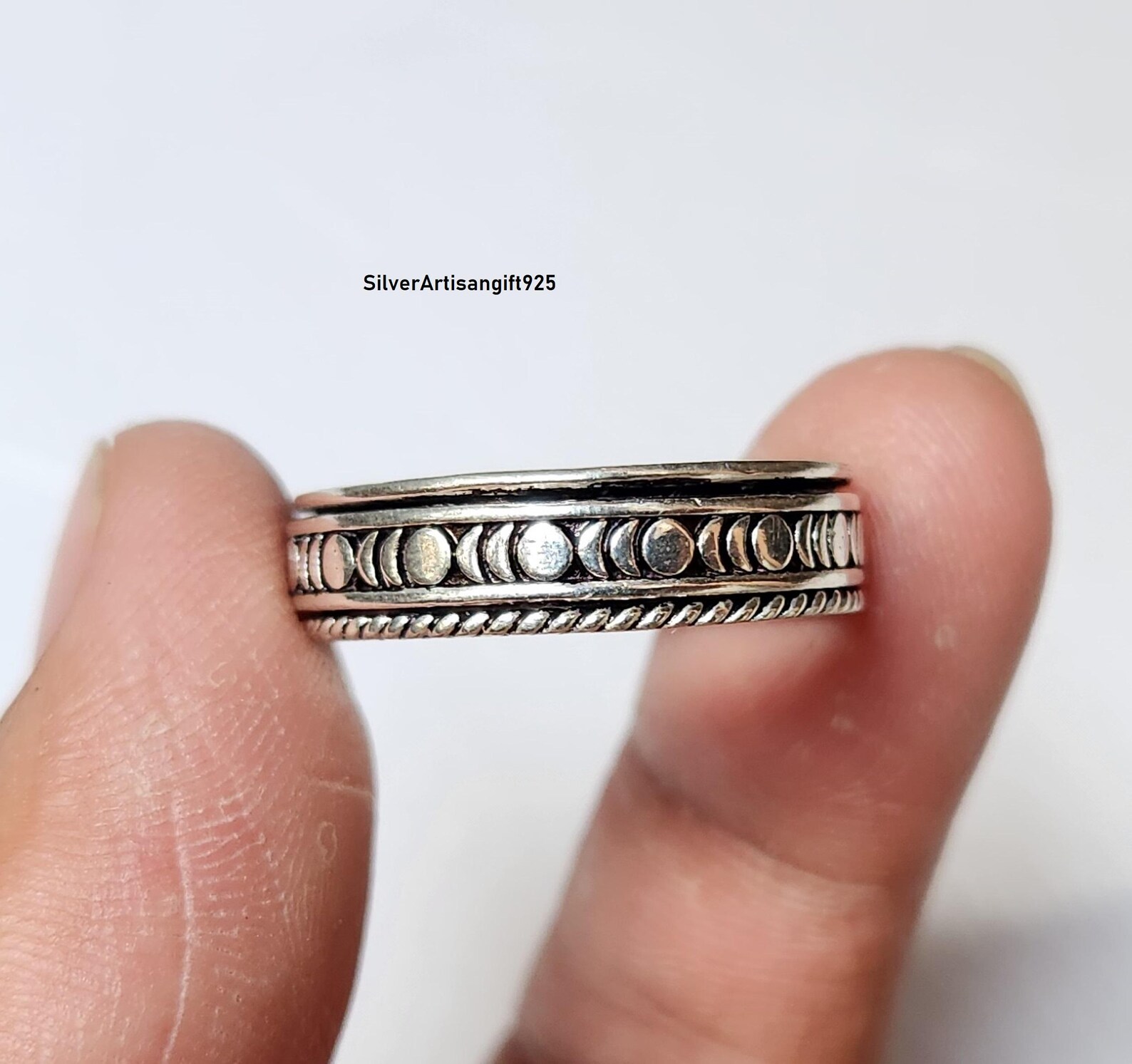 925 Sterling Silver Spinner Ring, Moon Phase Band, Minimalist Boho ...