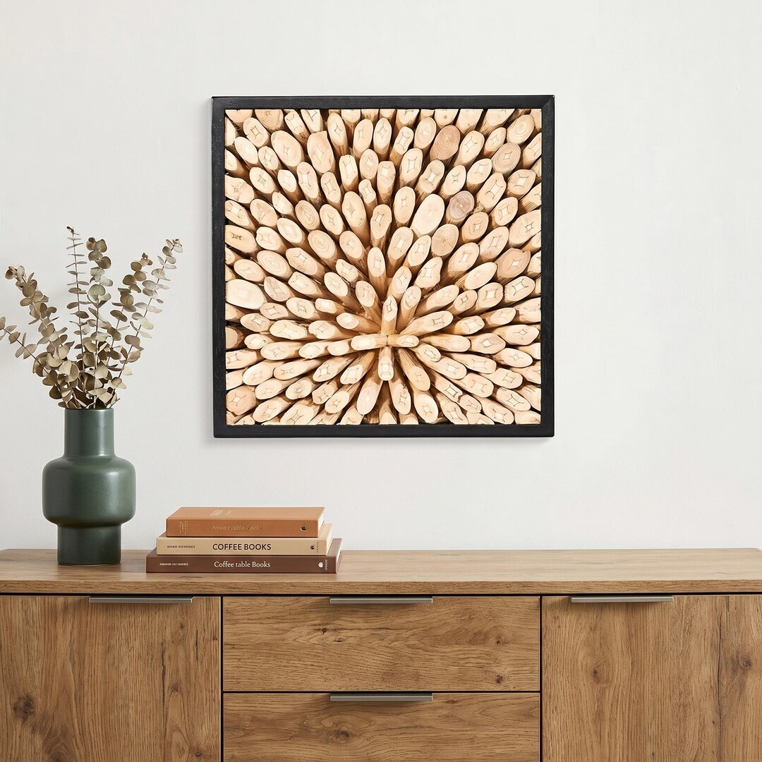 Teak Wood Branch Wall Art, Rustic Square Wood Decor, Farmhouse Radial ...