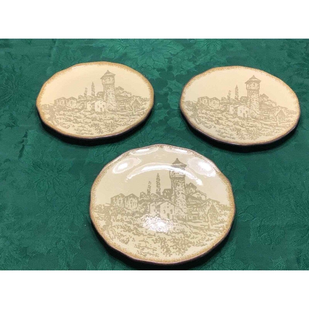3 Pcs Clay Art First Press Stonelite Medieval Village Salad Plates 8 1/ ...