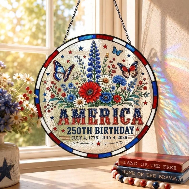 USA 250th Birthday Suncatcher, Patriotic American Flag Floral Window ...