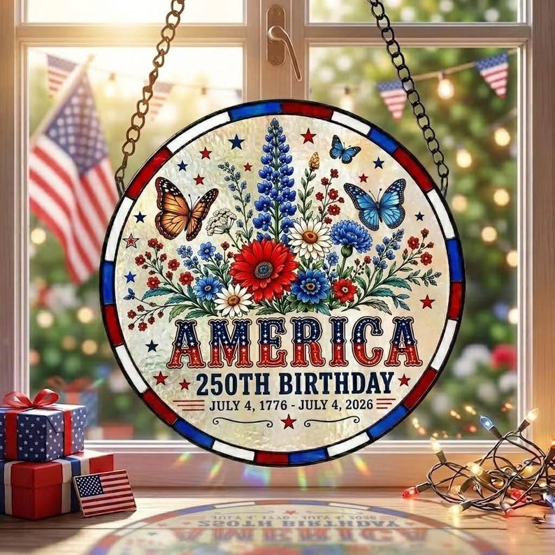 USA 250th Birthday Suncatcher, Patriotic American Flag Floral Window ...