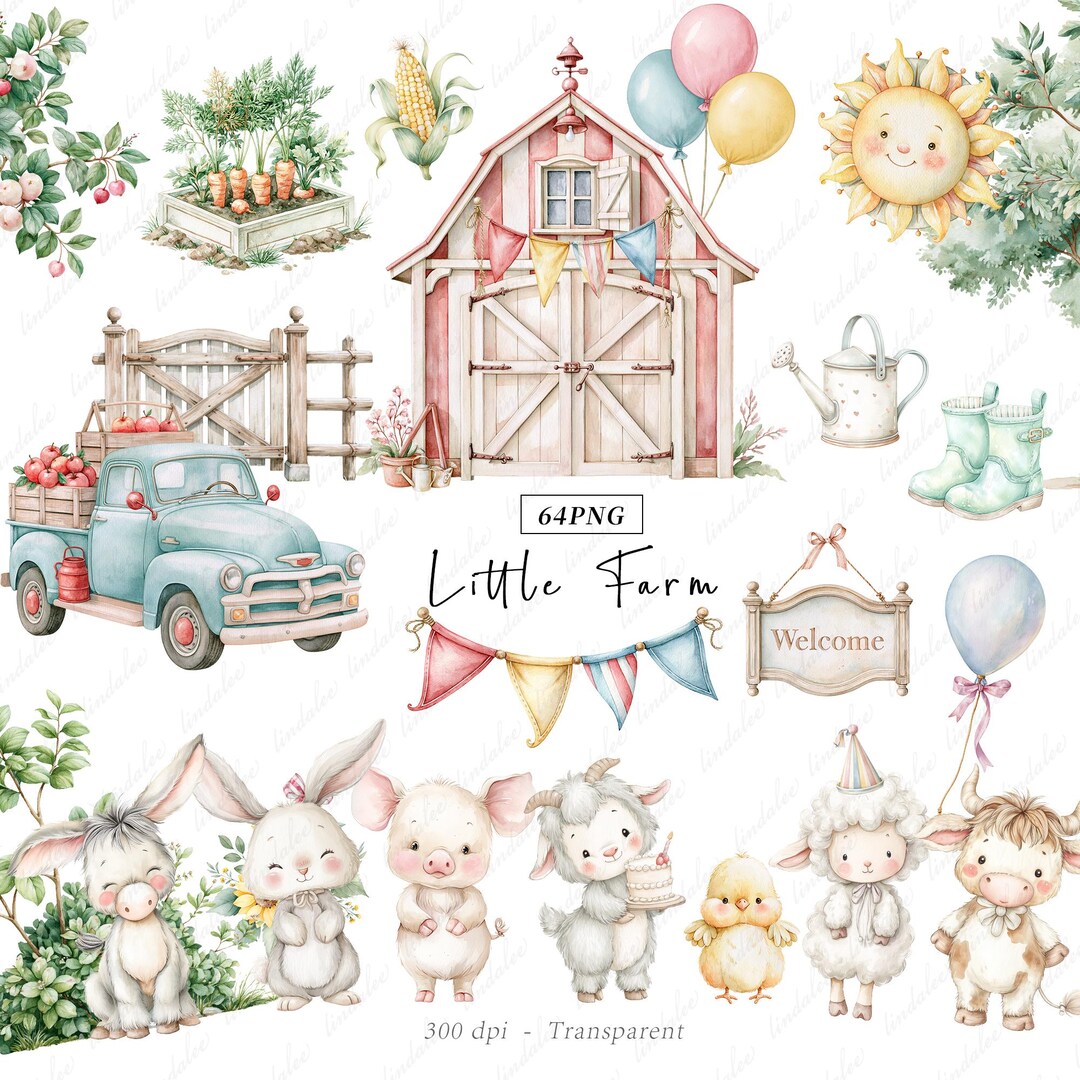 Cute Farm Animal Clipart, Farm Watercolor Clipart, Cute Farm Png, Farm ...