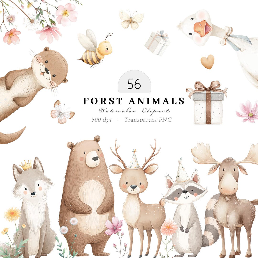 Forest Animals Portraits PNG, Watercolor Spring Woodland Clipart, Boho ...