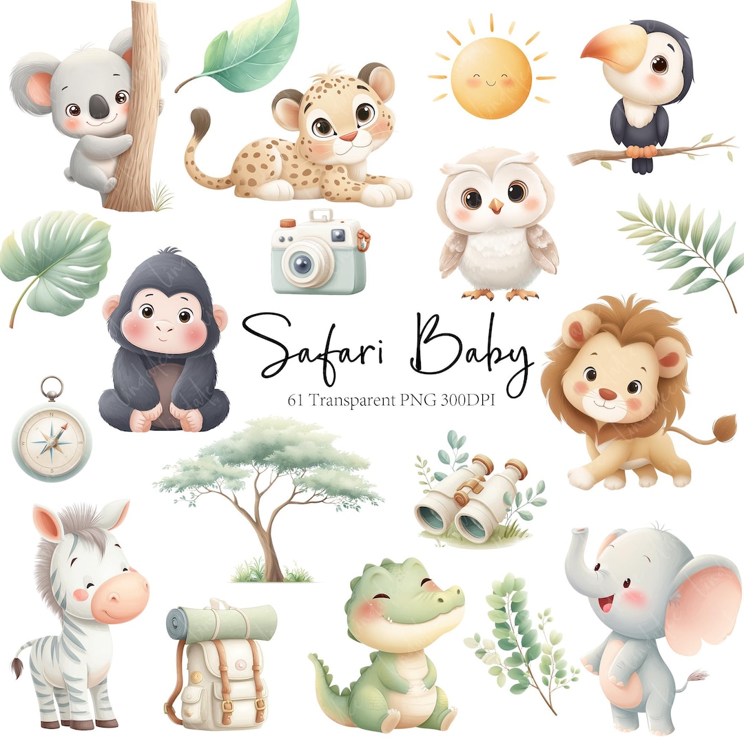 Safari Animals Clipart Baby Jungle PNG Nursery Set, Cute Baby Safari ...