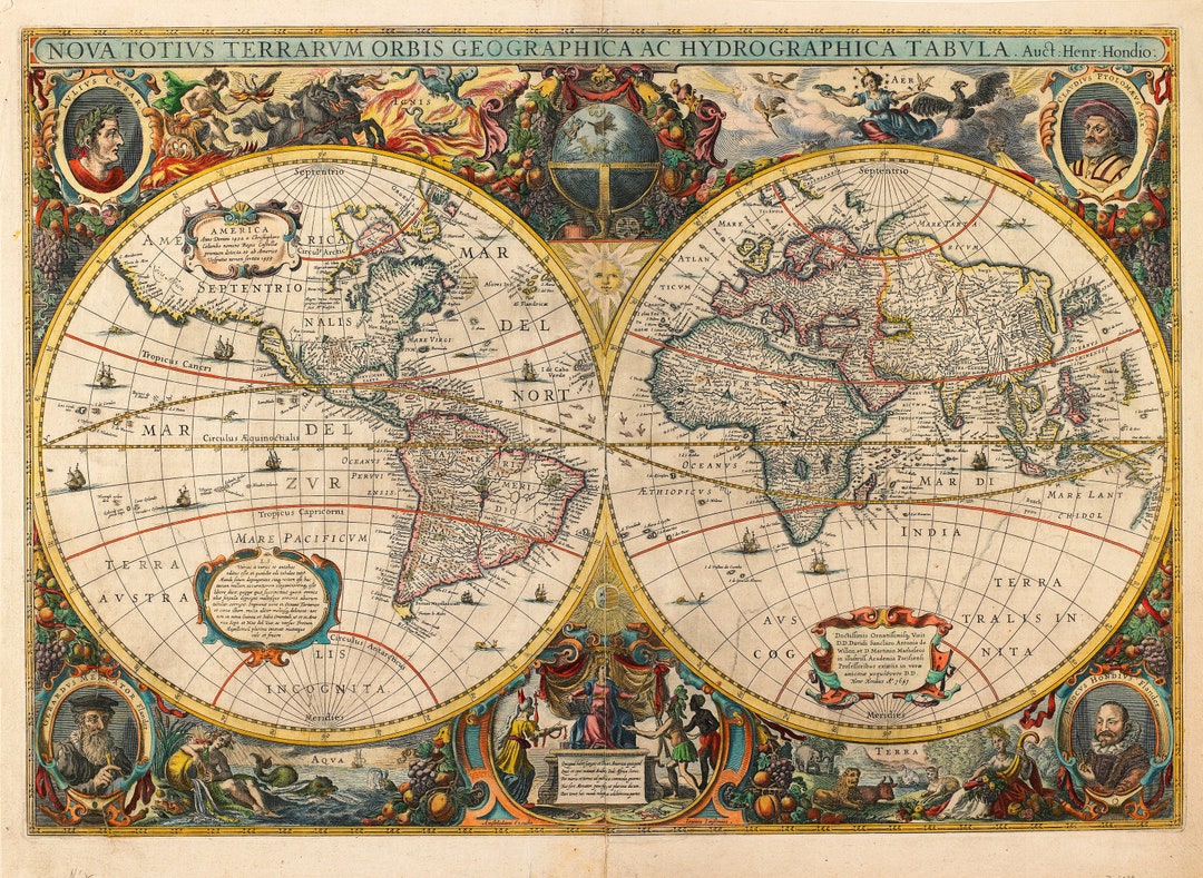 Antique Maps and Charts. New Map of the World, 1641 by Hendrik Hondius ...