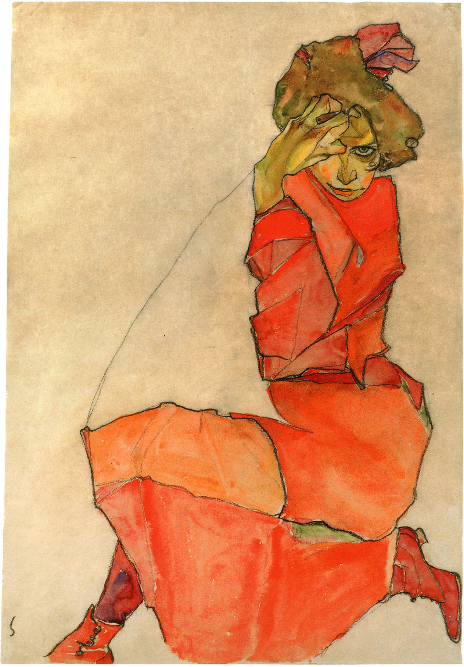 The Art of Egon Schiele. Kneeling Girl in Orange Red Dress | Etsy