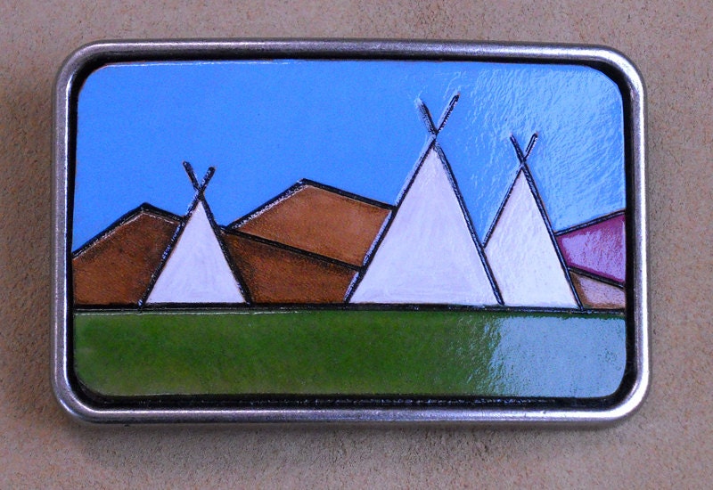 Belt Buckle With Painted Landscape Including Tepees - Etsy UK