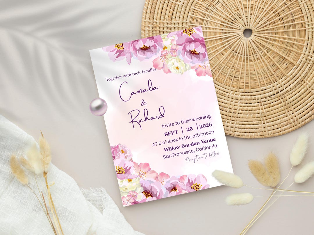 Elegant Blush Pink & Lavender Floral Wedding Invitation Template ...