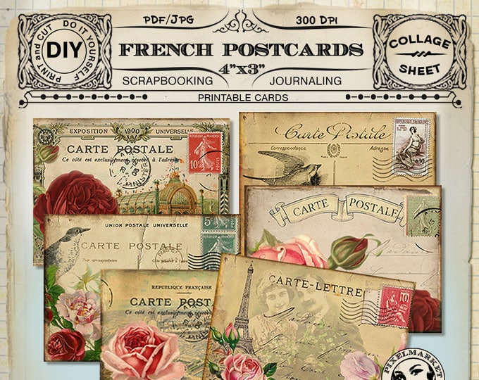 FRENCH VINTAGE POSTCARDS 4x3 Digital Collage Sheet Printable Download ...