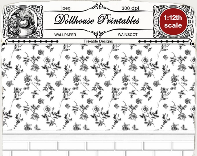DOLLHOUSE Printable Miniature B&W Floral WALLPAPER W/ Ceramic | Etsy