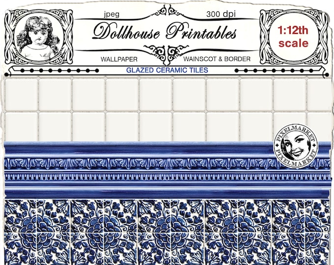 DOLLHOUSE PRINTABLE Miniature Wallpaper Blue Ceramic Tiles Bathroom ...