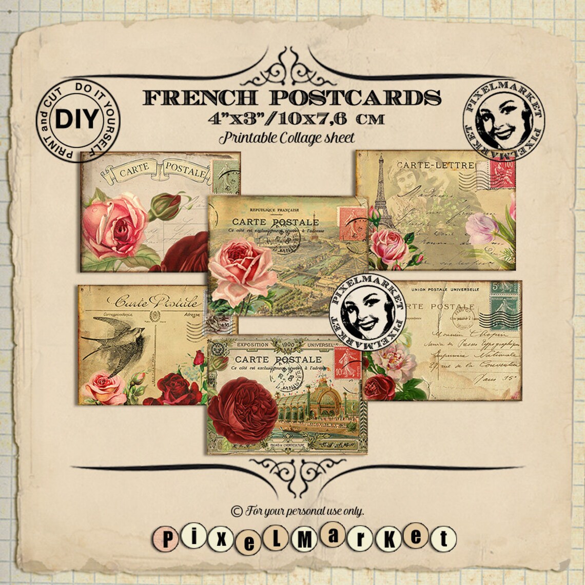FRENCH VINTAGE POSTCARDS 4x3 Digital Collage Sheet - Etsy